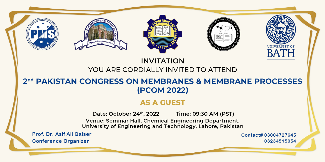 Invitation on 2nd Pakistan Congress on Membranes and Membrane Processes ...