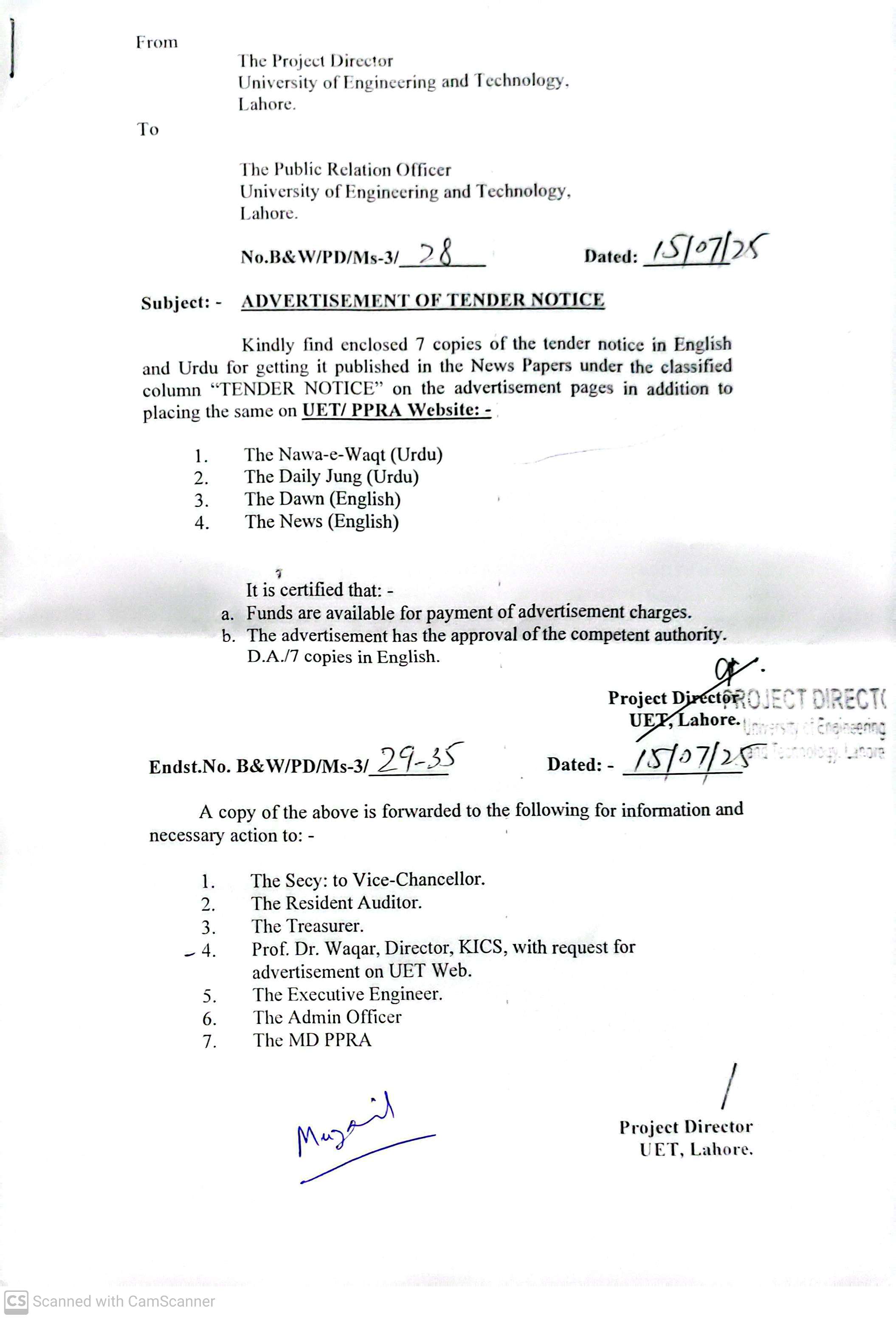 Forwarding of Tender Advertisement for Publication – UET Lahore